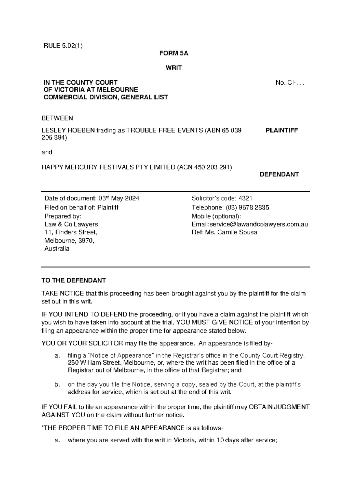 Form 5A Writ Template Re-Submission for CI-... Case - Studocu
