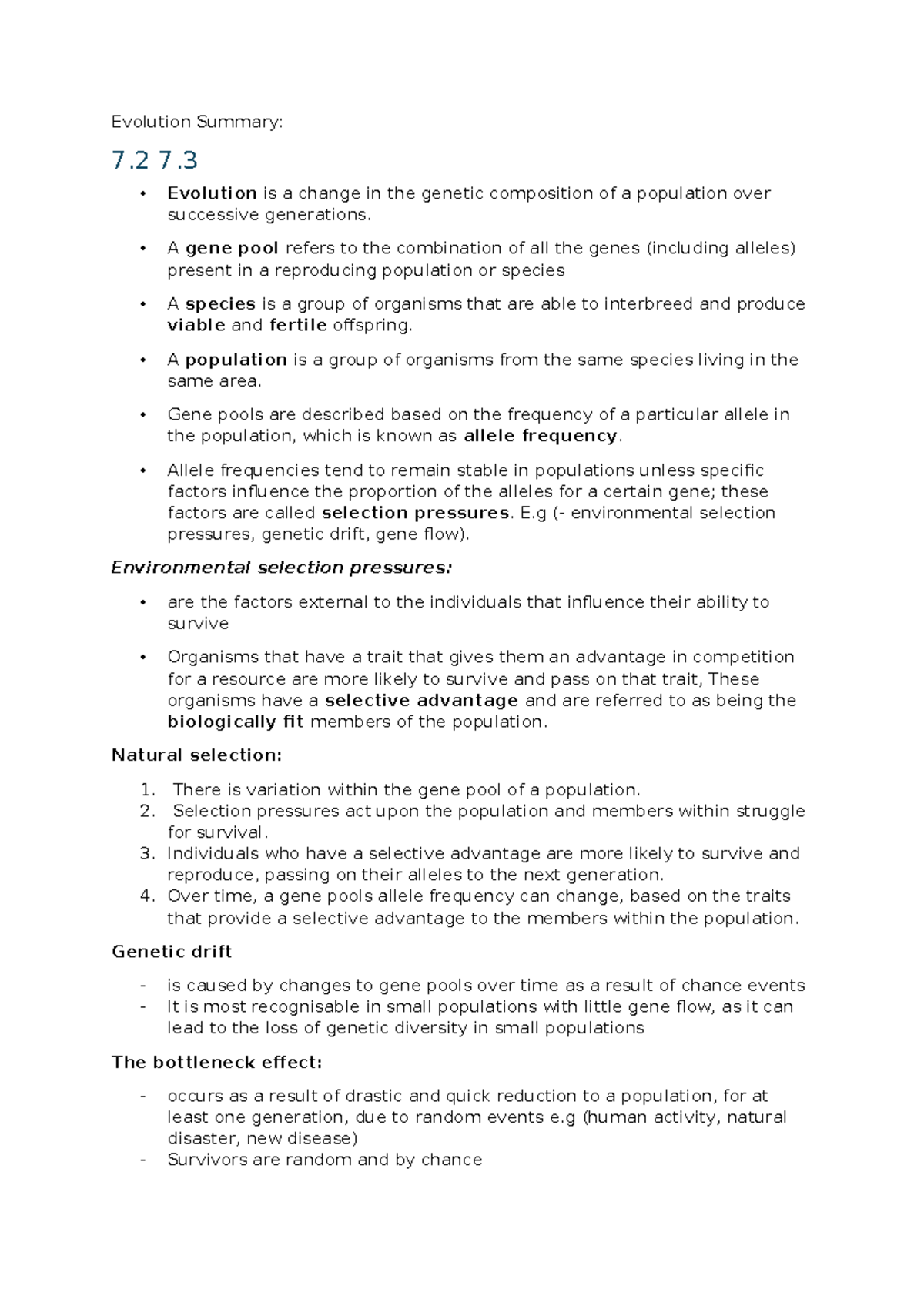 Evolution Summary: Key Concepts and Mechanisms - Studocu
