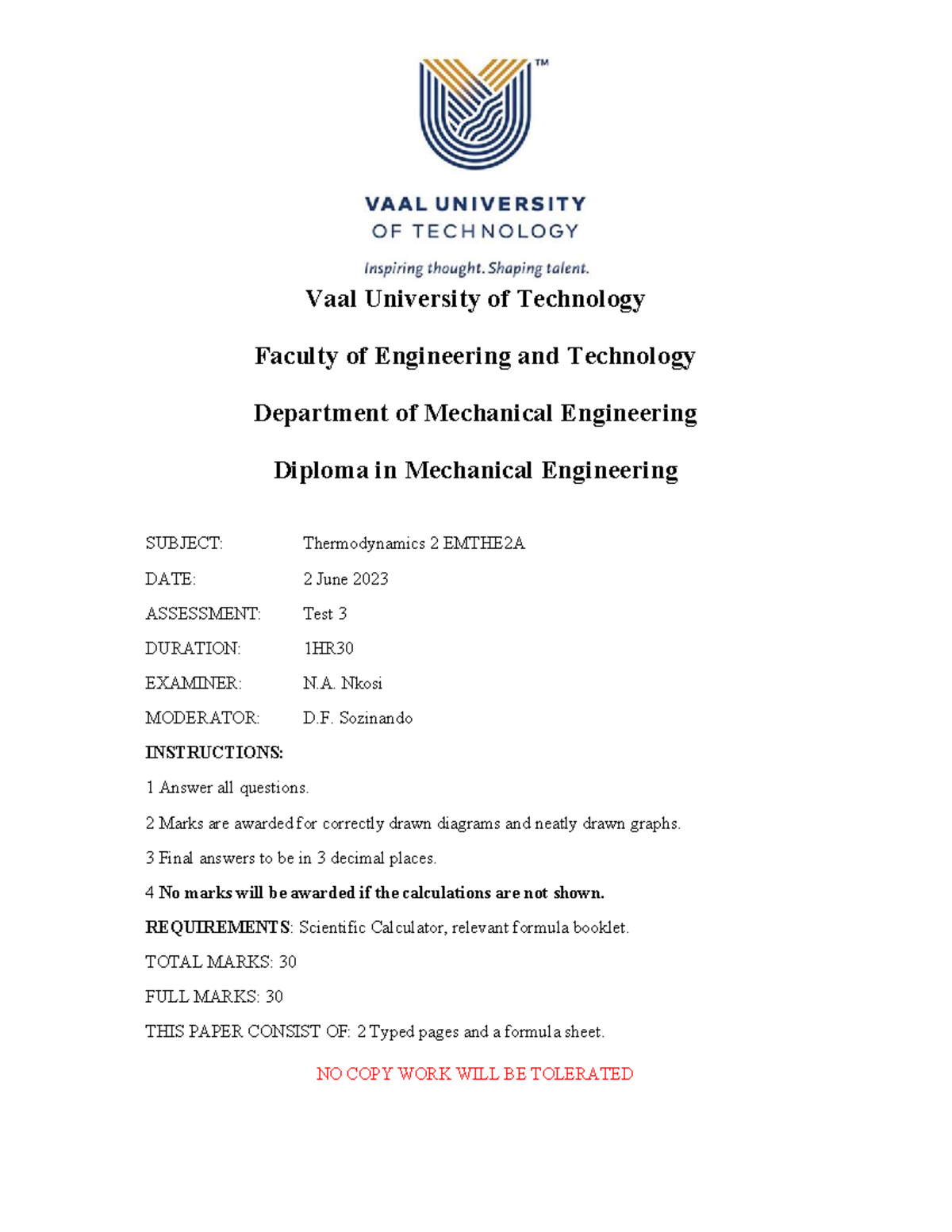 Thermodynamics 2 Test 3 EMTHE2A - VUT Engineering 2023 - Studocu