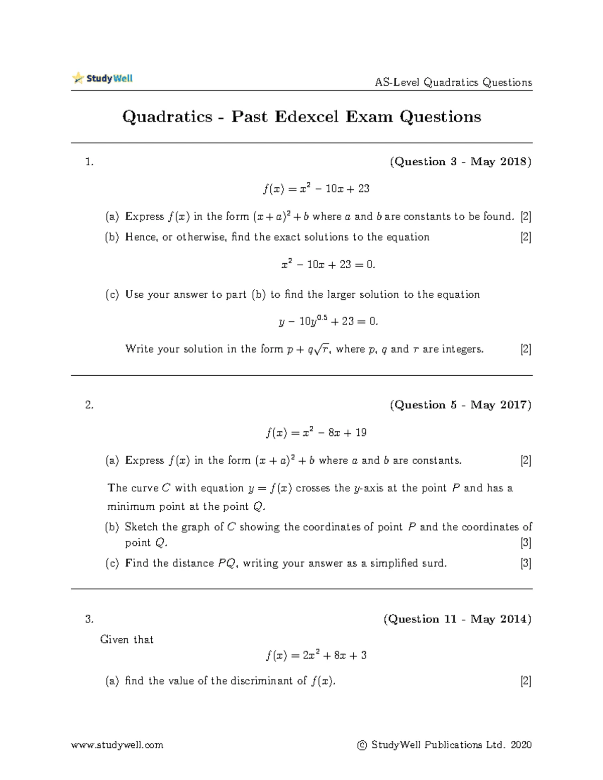 Ch. 2 Quadratics - A-Level Quadratic Equations and Solutions - Studocu