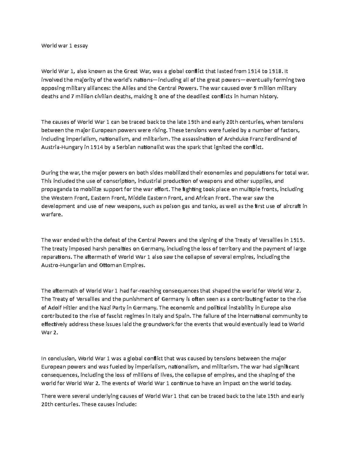World War 1 Essay: Causes, Consequences, and Global Impact - Studocu