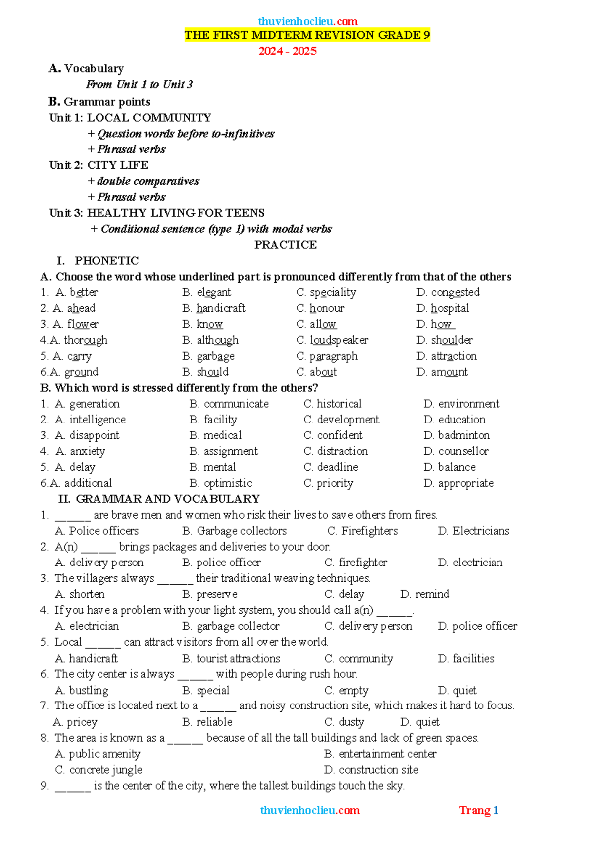 Grade 9 English Midterm Revision: Vocabulary & Grammar Review - Studocu