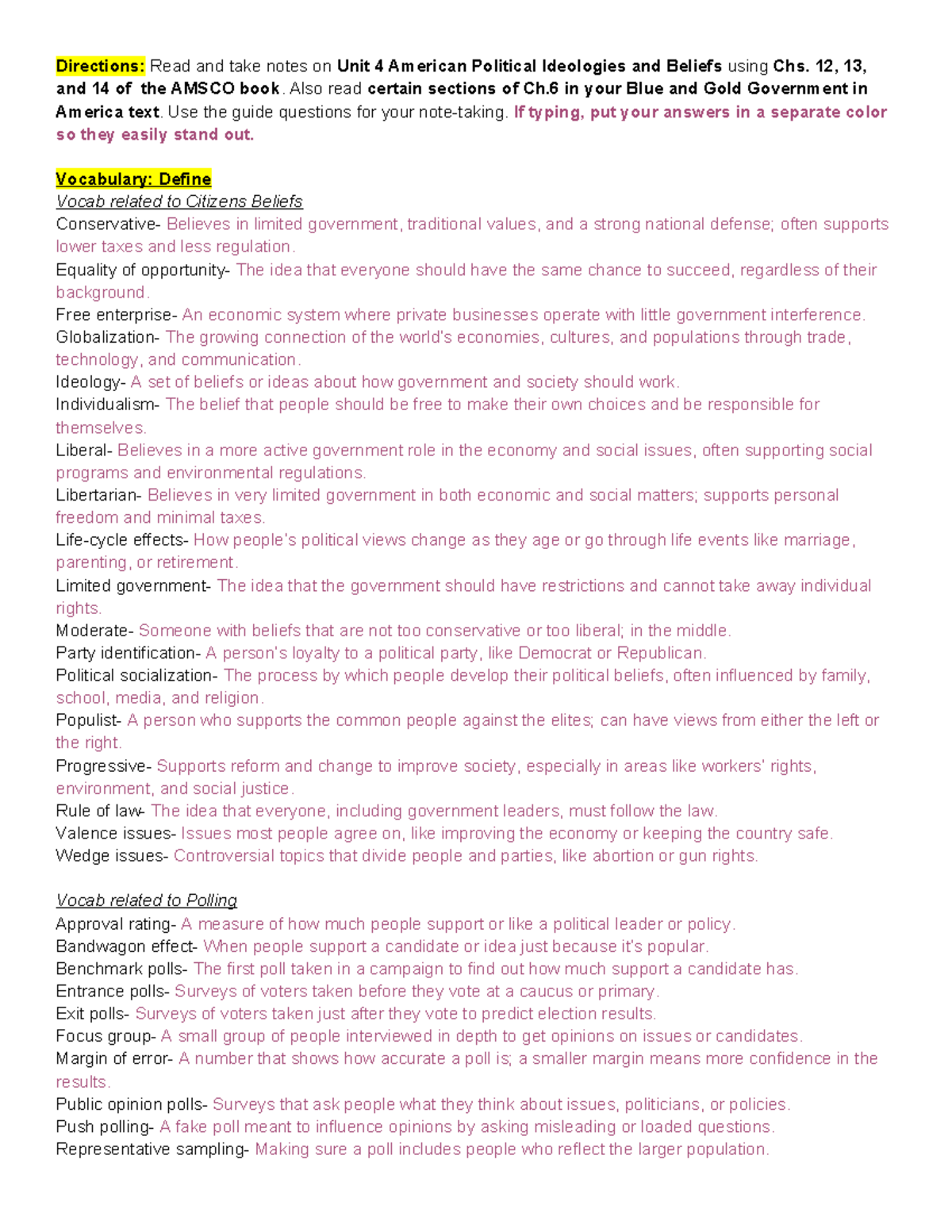 Unit 4 Study Guide: American Political Ideologies & Beliefs (Ch. 12-14 ...