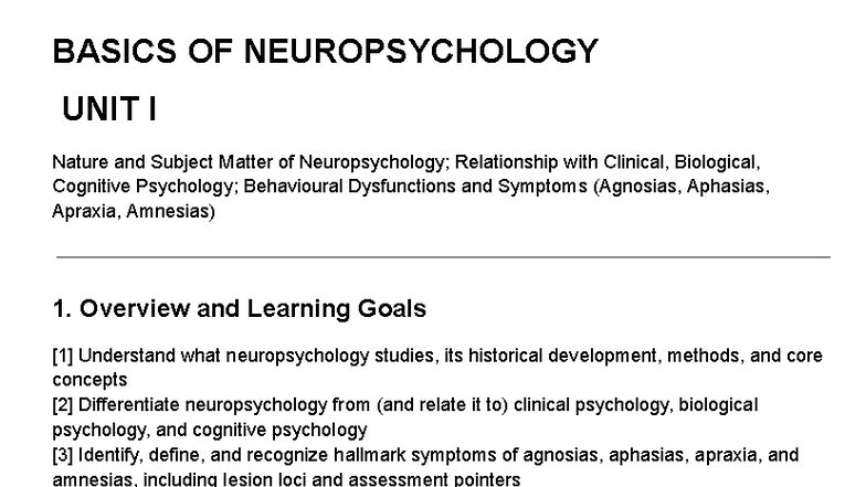 BASICS OF NEUROPSYCHOLOGY: UNIT I - Clinical and Cognitive Dysfunction ...