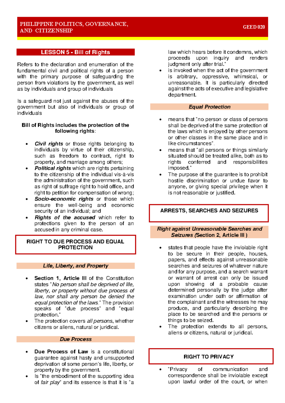 Bill of Rights Overview - GEED 020 Lesson 5 - Studocu
