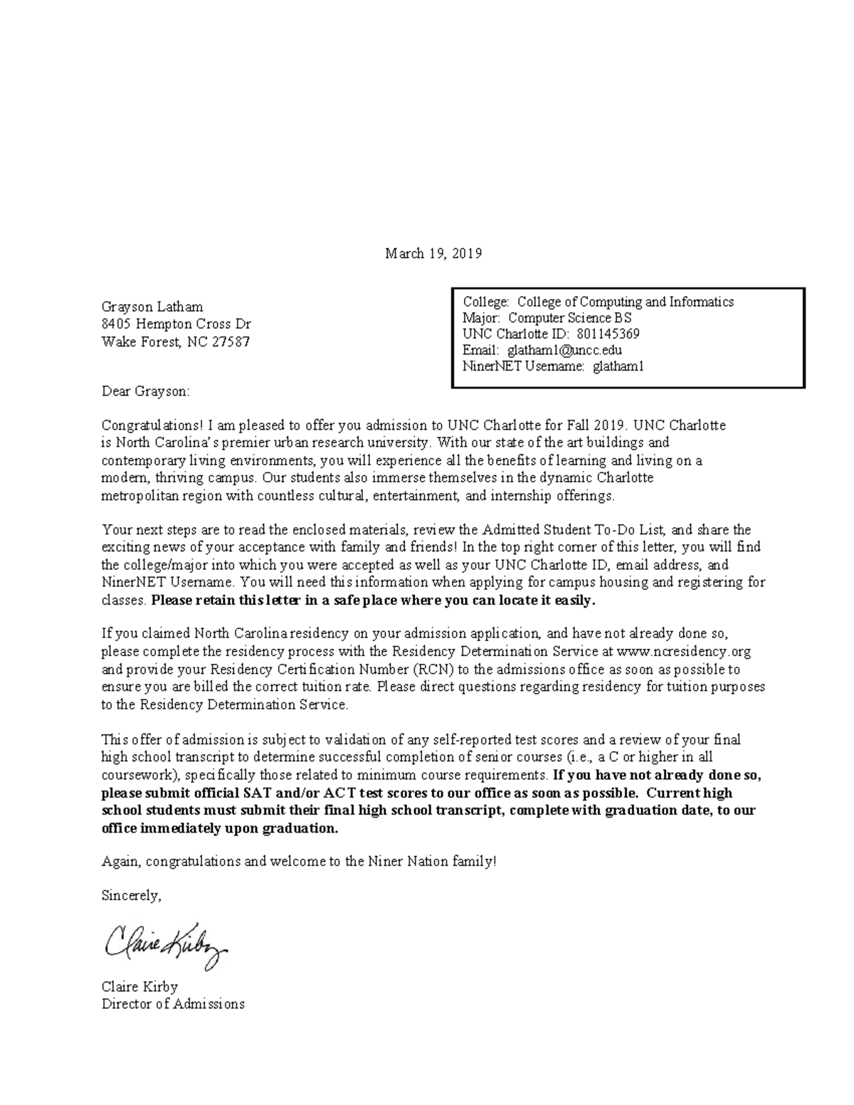 410945312 uncc acceptance letter for bachelor - March 19, 2019 Grayson ...