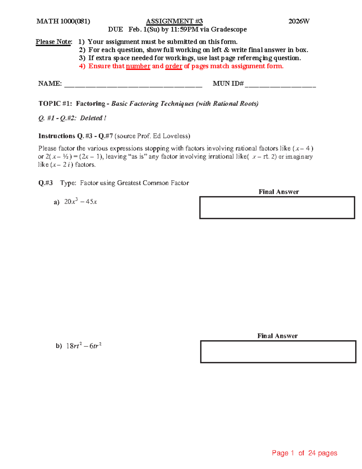 MATH 2026W Final Exam: Factoring Techniques and Methods - Studocu