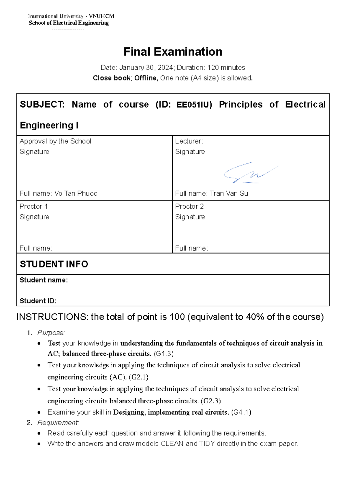 Final Exam EE051IU - Principles of Electrical Engineering I - Jan 2024 ...