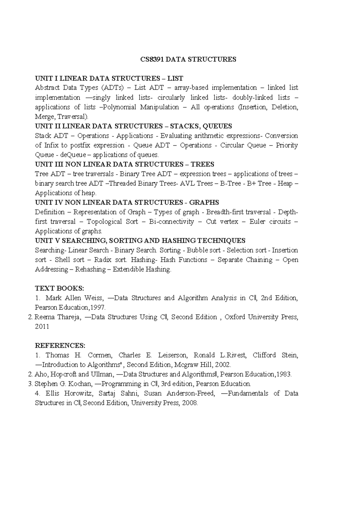 CS8391 DATA STRUCTURES UNIT I: Linear Data Structures Overview - Studocu