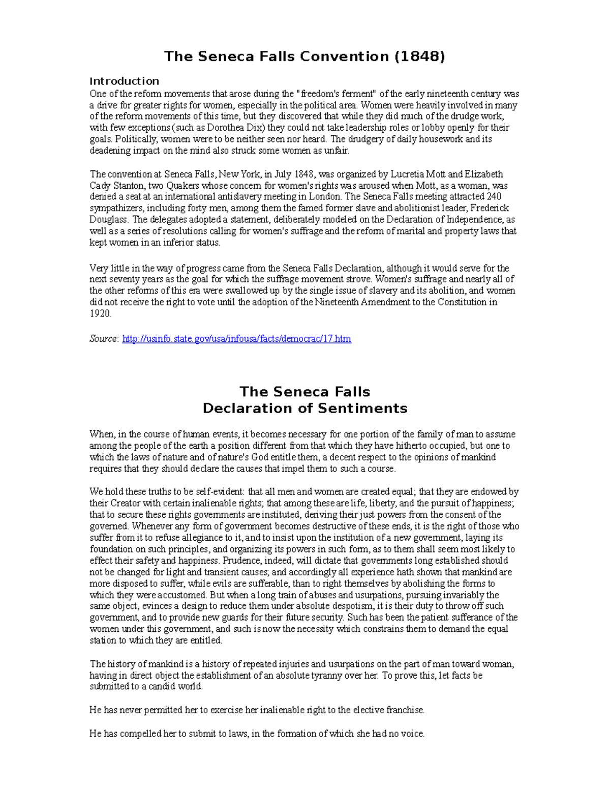 Seneca Falls Worksheet - The Seneca Falls Convention (1848 ...