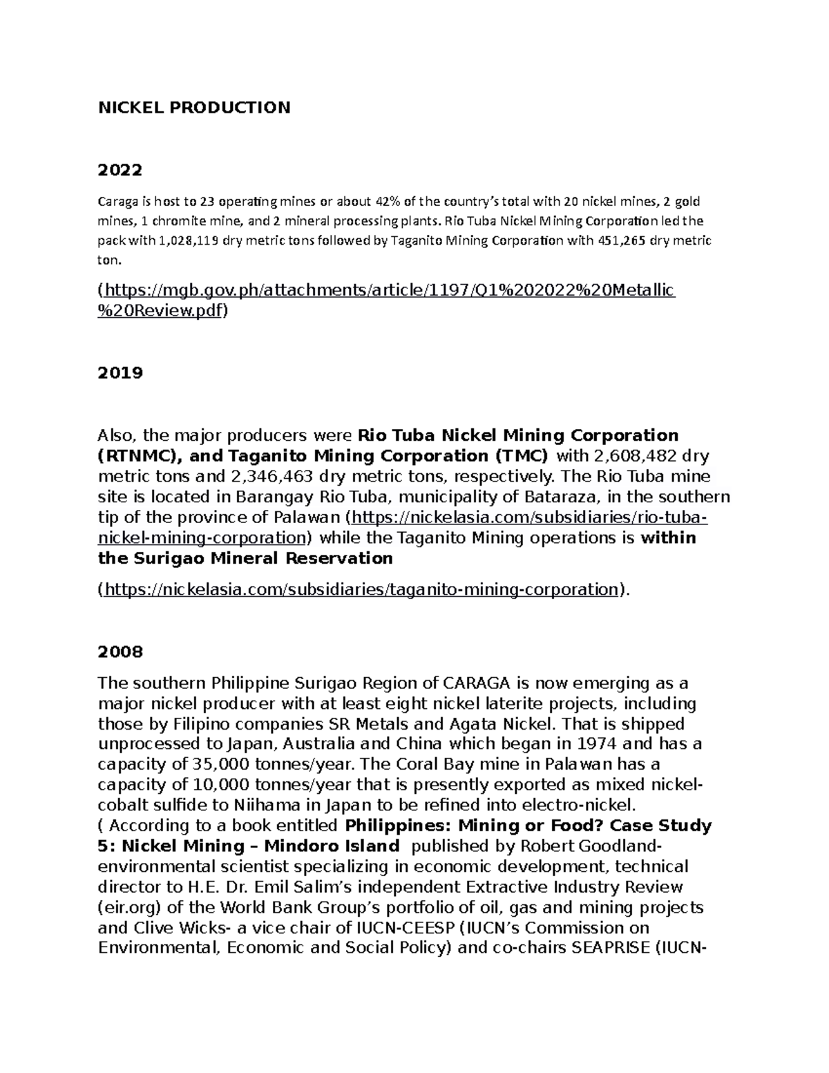 Nickel Production Overview: Insights from 2008-2022 Studies - Studocu