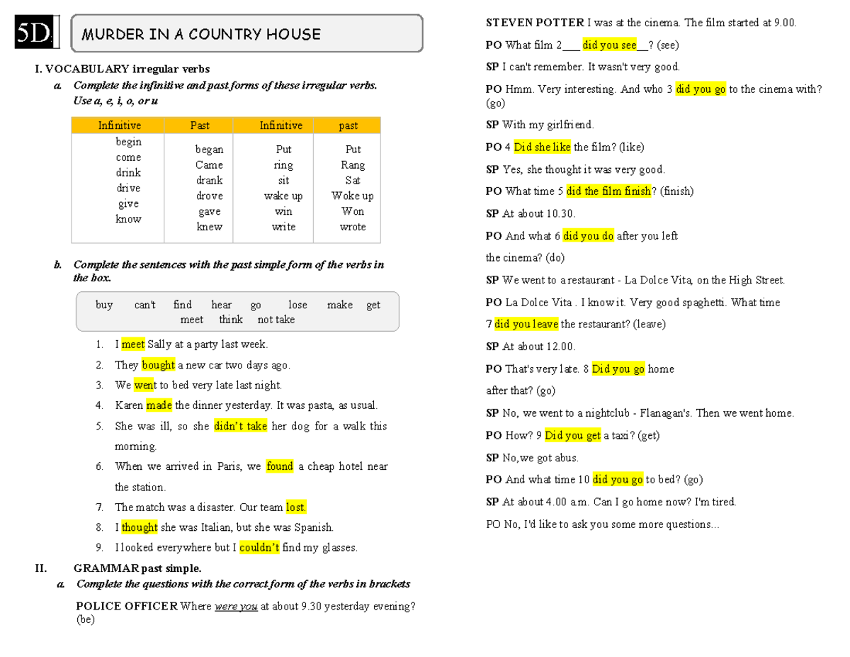 5D: PAST Simple Verbs - Irregular Verbs Practice - Studocu