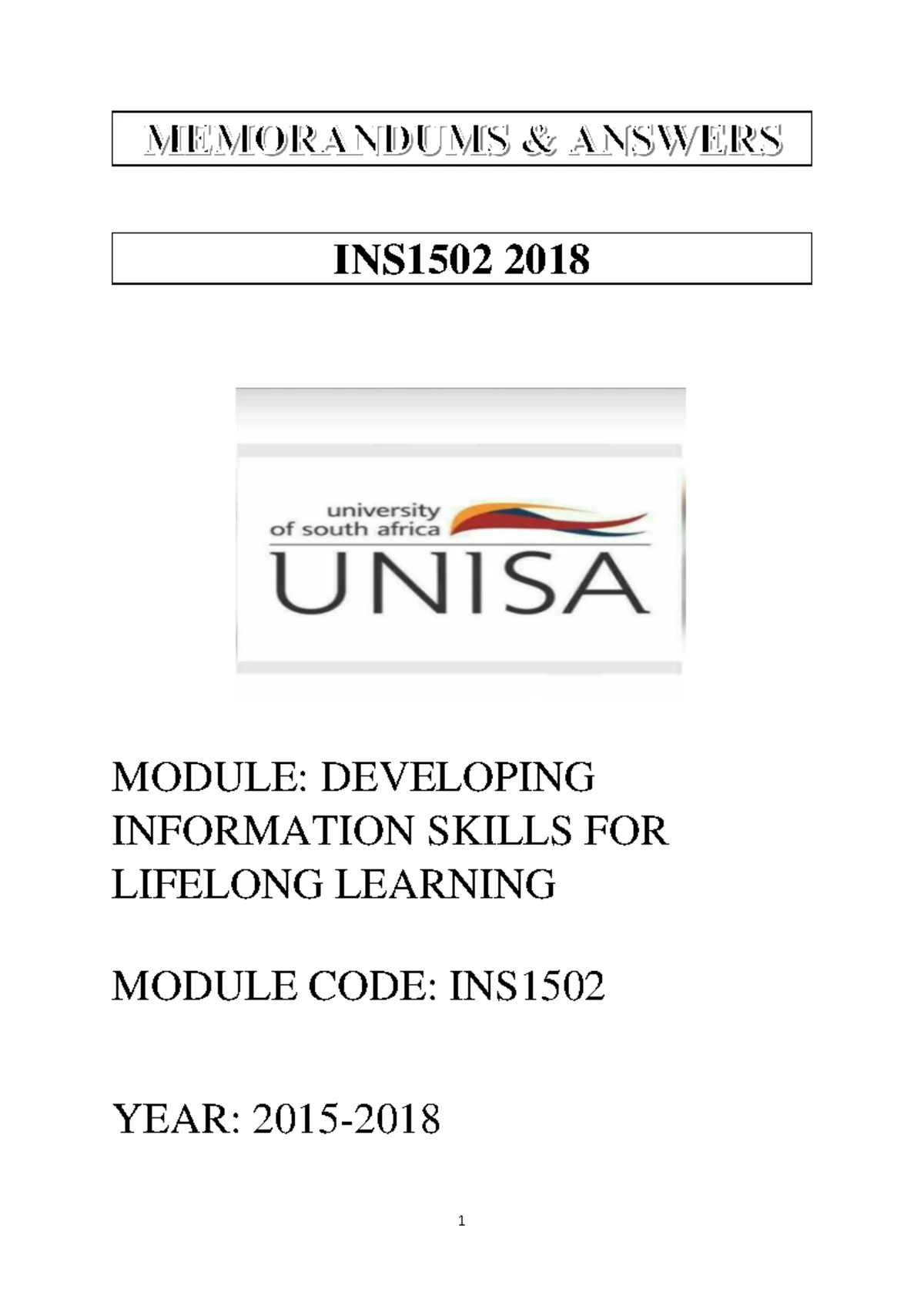 Questionss - Question and answers for quizzes - INS1502 JUNE 2020 ...