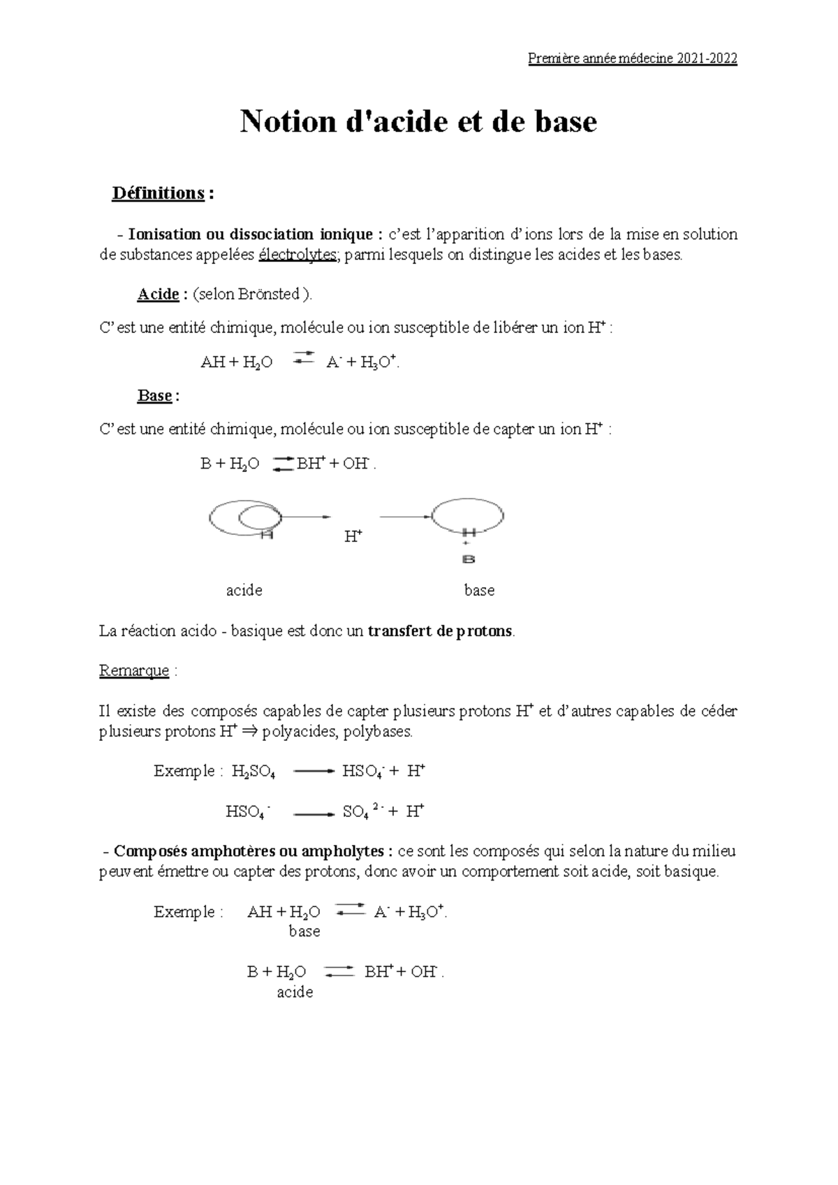 Chimie 1an - Notion d'Acide et Base (Cours de 2021) - Studocu
