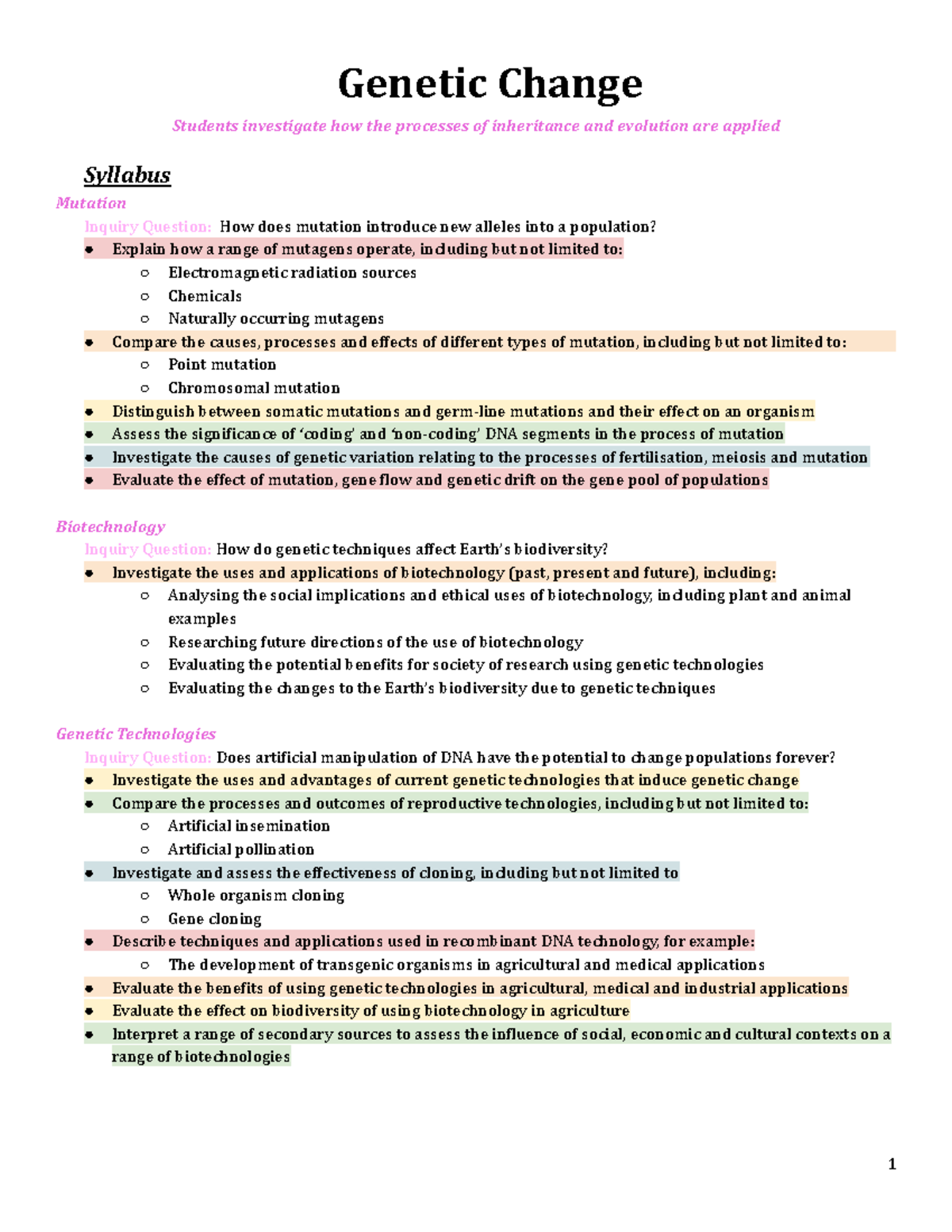 Biology HSC Genetic Change: Mutation, Biotechnology, and Biodiversity ...
