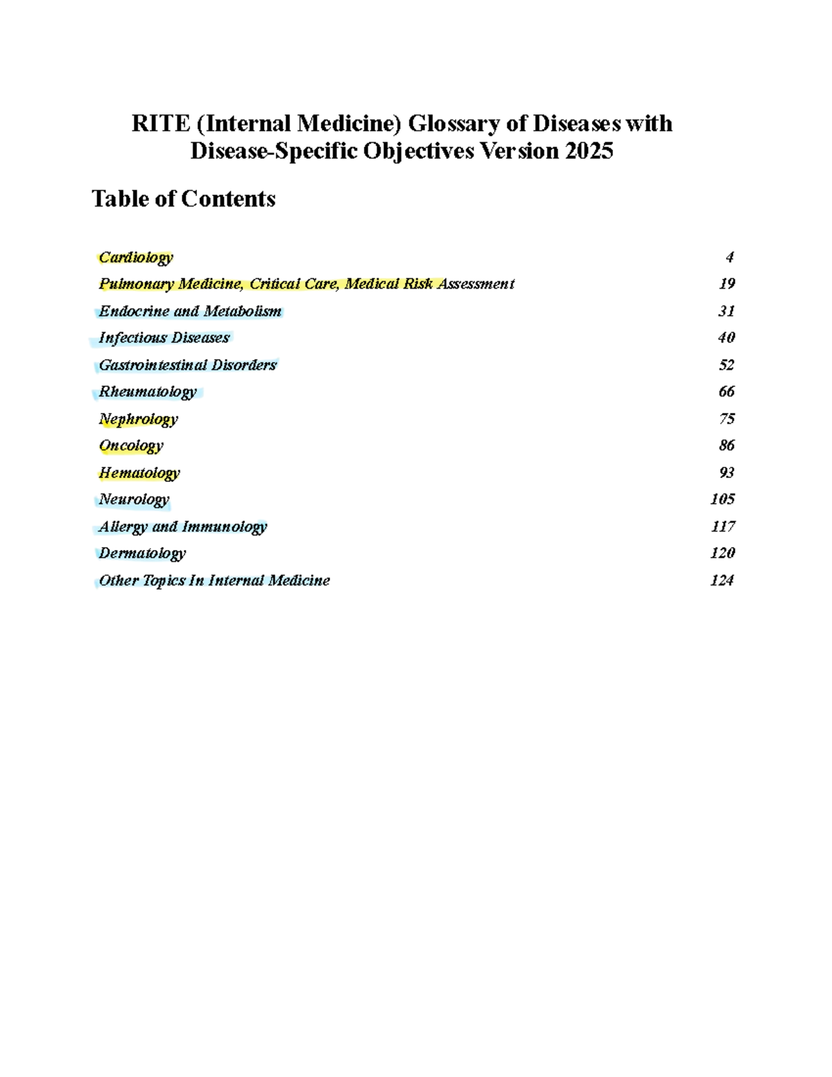 RITE (Internal Medicine) Glossary of Diseases & Objectives 2025 - Studocu