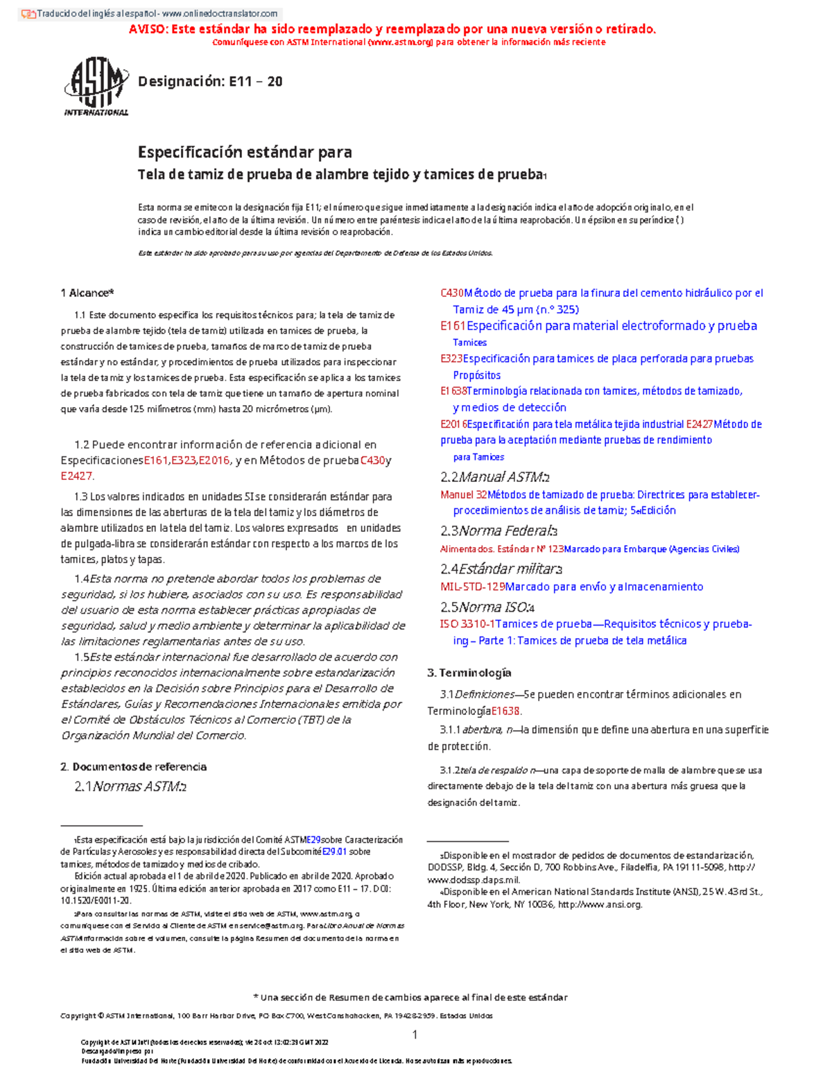 Especificación Estándar ASTM E11 de Tela de Tamiz y Tamices de Prueba ...