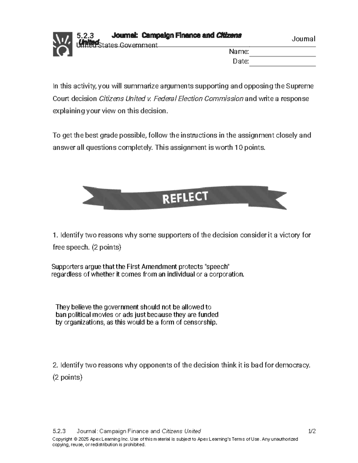5.2.3 Journal: Analyzing Citizens United v. FEC Arguments - Studocu