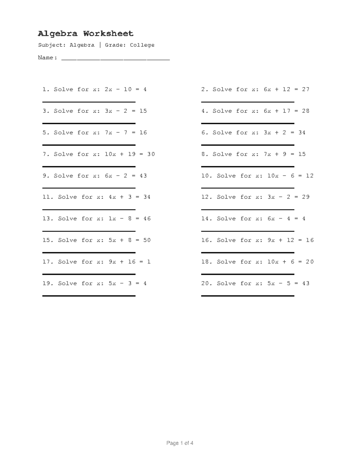 Algebra Worksheet (College) - Solve for x Problems - Studocu