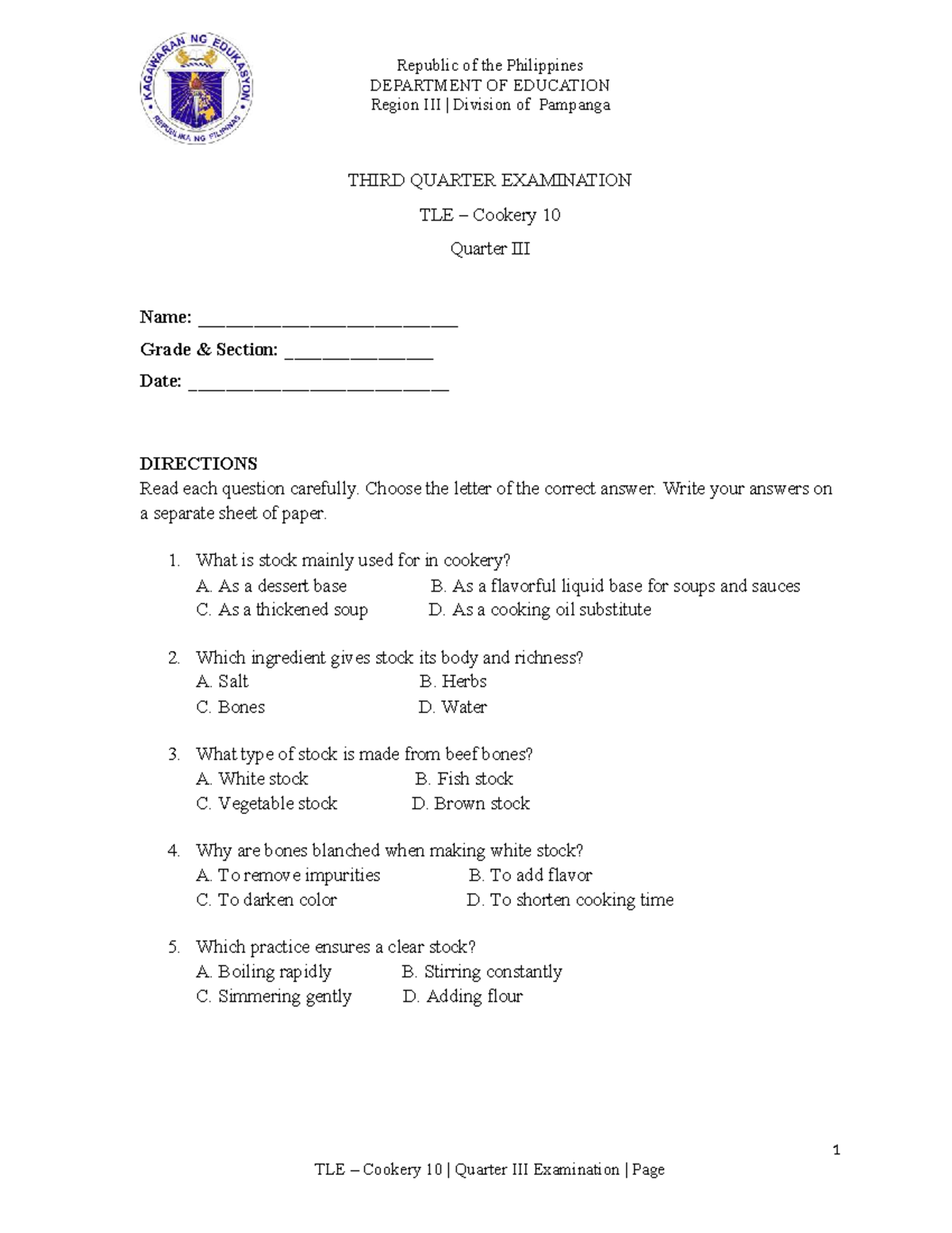 TLE Cookery 10: Third Quarter Exam Review and Practice Questions - Studocu