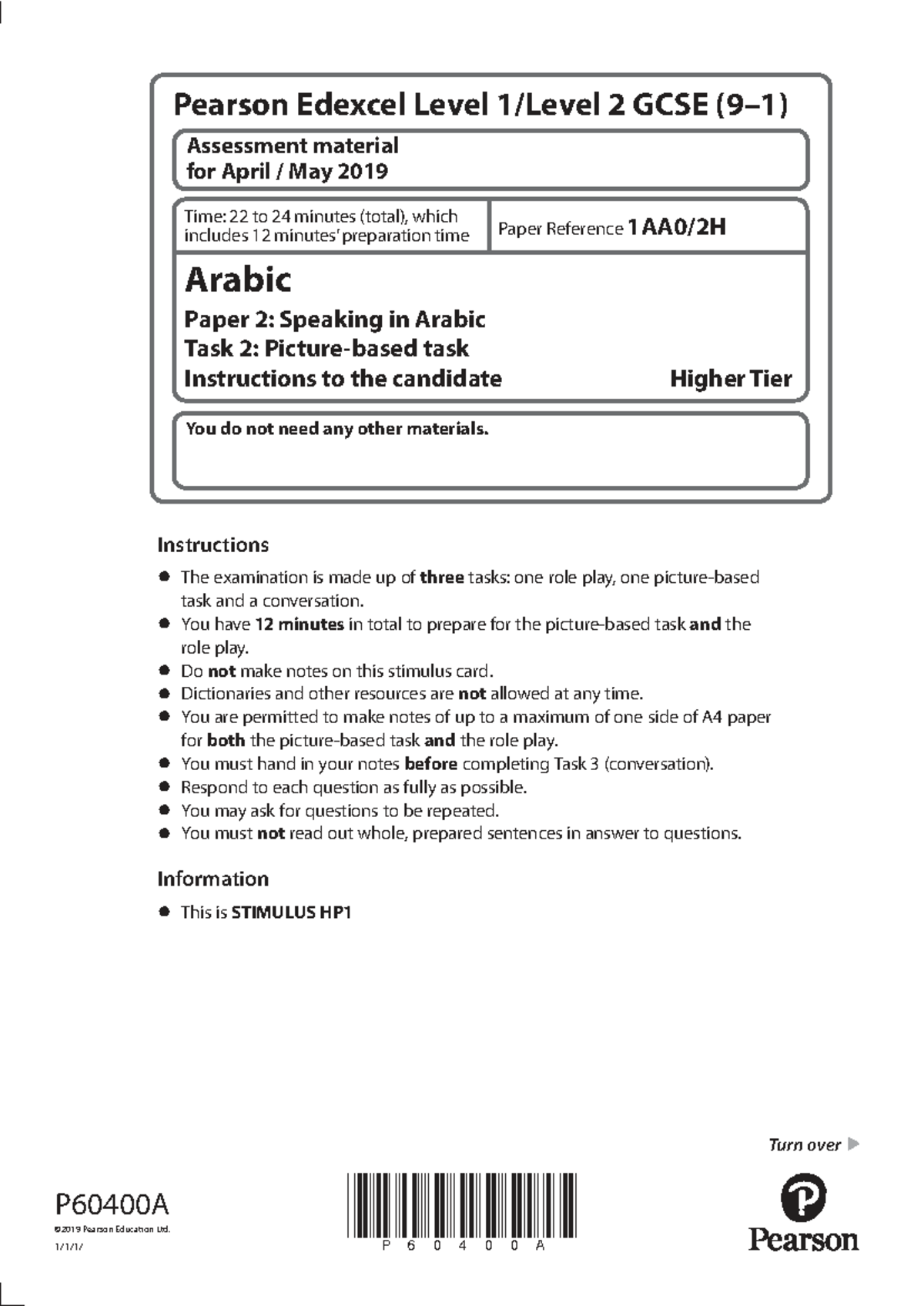 Pearson Edexcel Level 2 GCSE Arabic Paper 2: Speaking Task 2 Guide ...