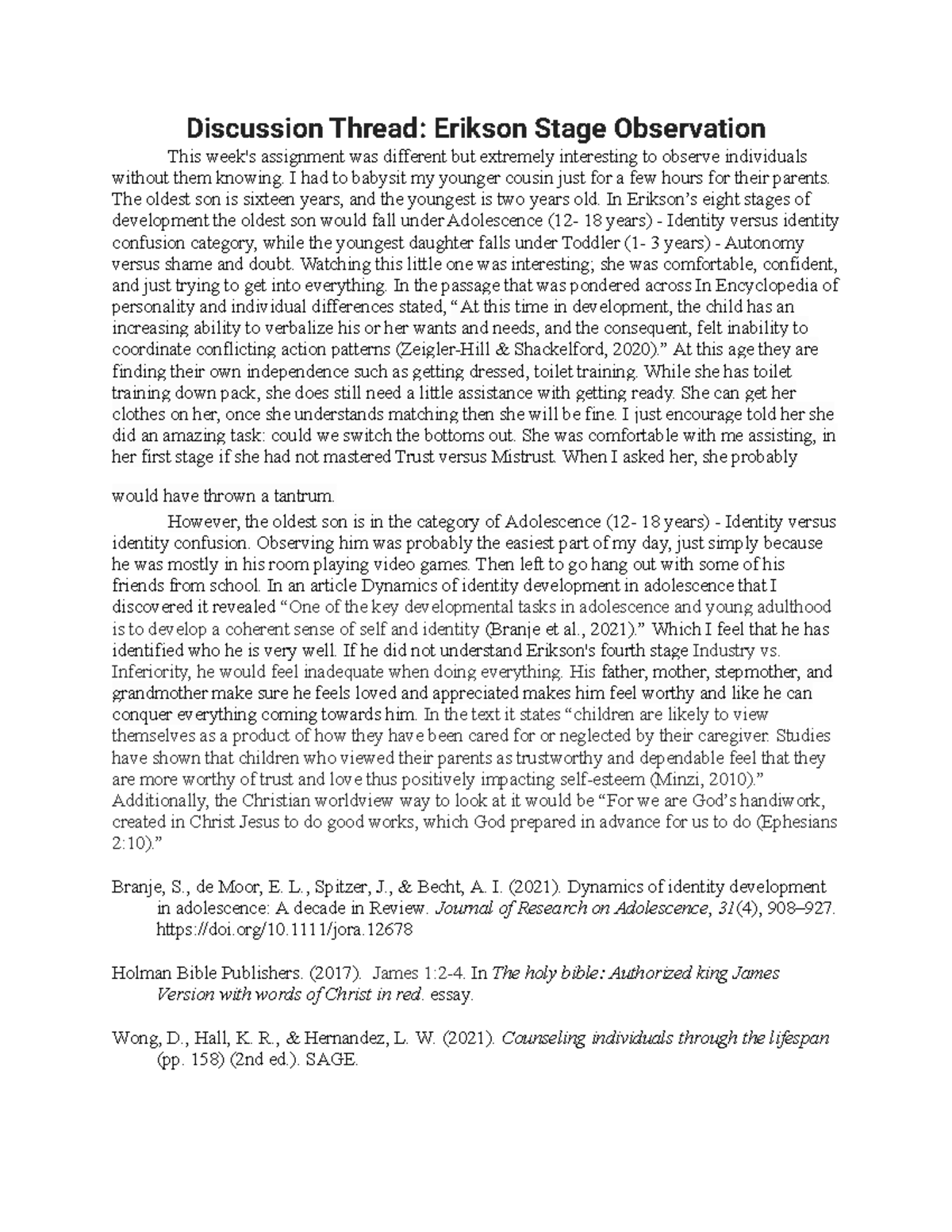 Erikson Developmental Stage Observation: Adolescent & Toddler Analysis - Studocu