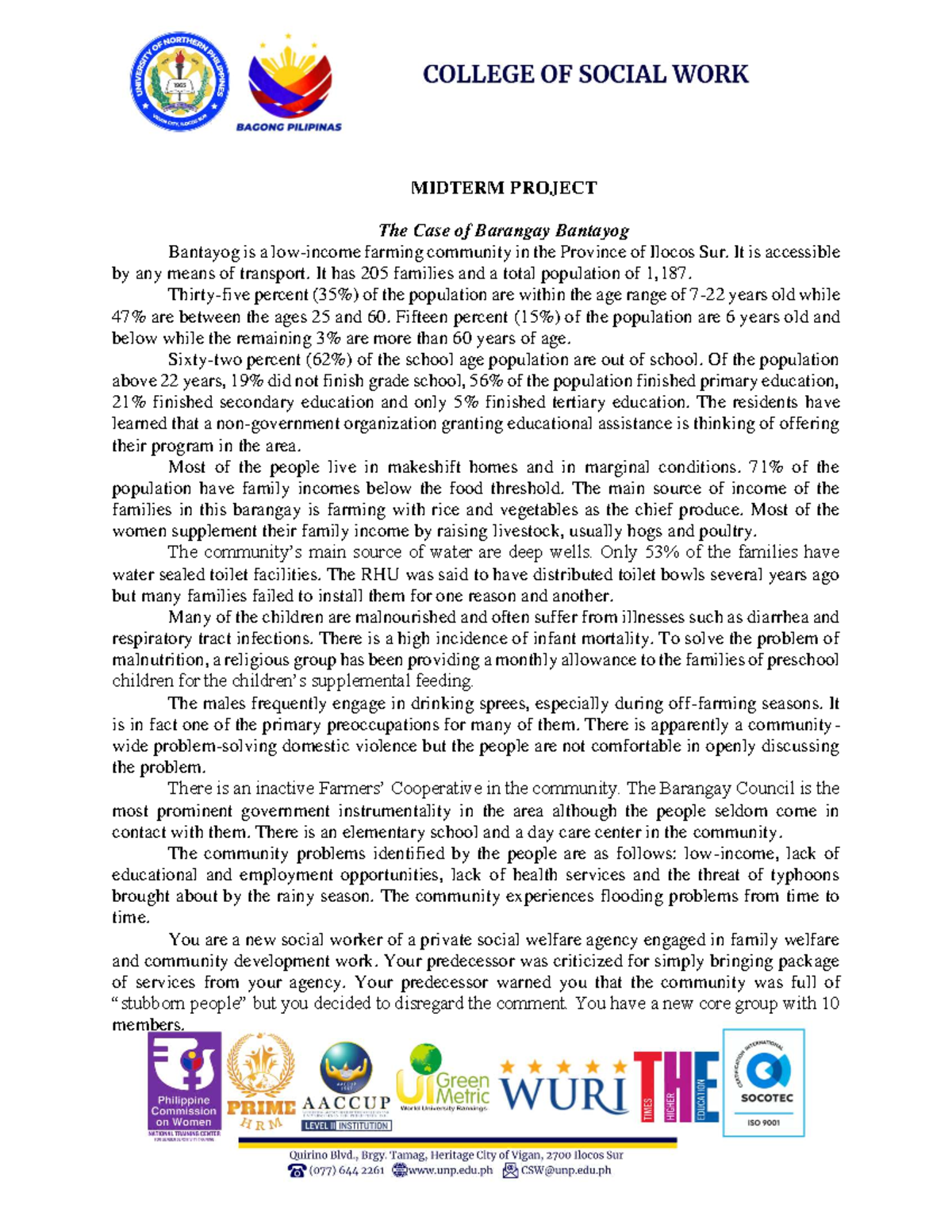 SW 106 MIDTERM PROJECT: Community Assessment of Barangay Bantayog - Studocu