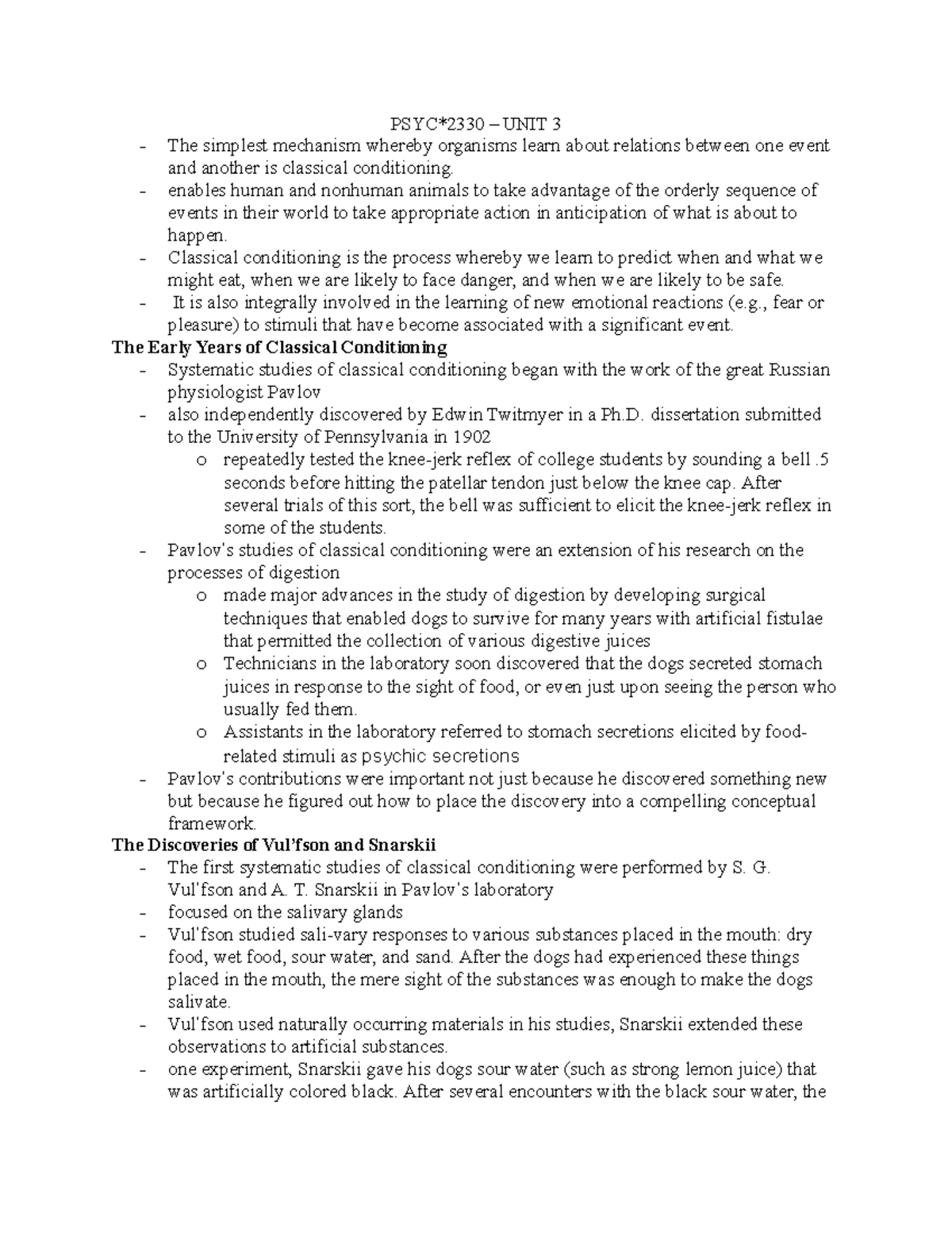 PSYC*2330 Classical Conditioning: Unit 3 Key Concepts and Studies - Studocu
