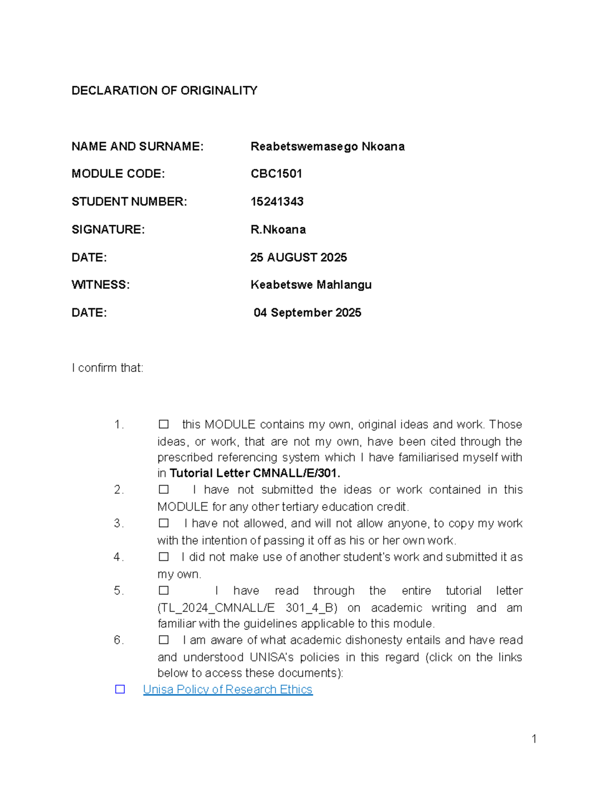Declaration of Originality for CBC1501 Assessment 2 (2025) - Studocu