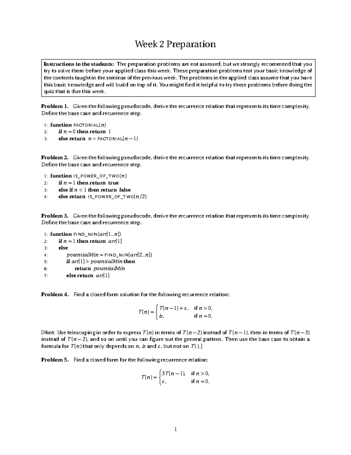 CS101 Week 2 Prep Problems: Recurrence Relations & Complexity - Studocu