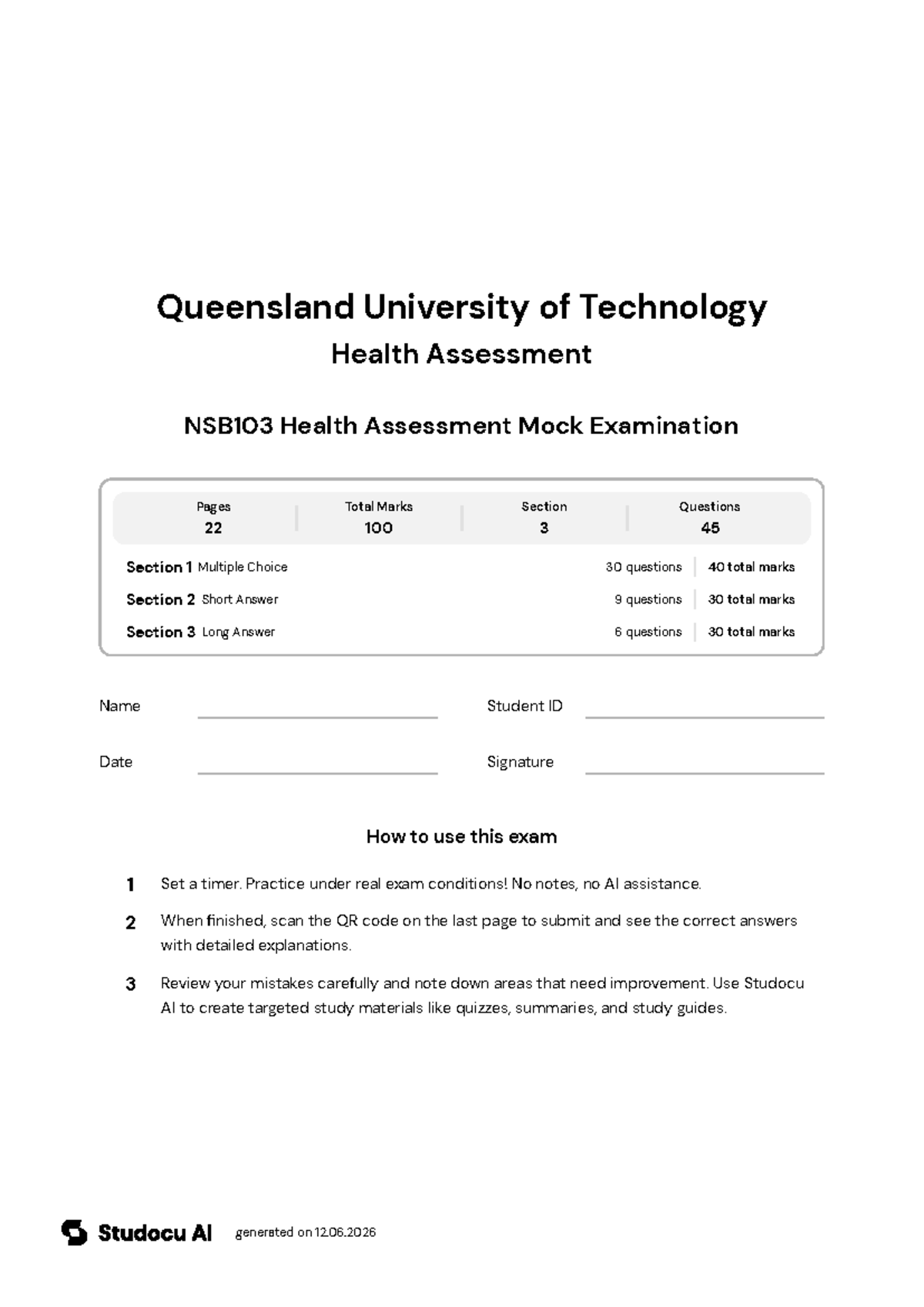NSB103 Health Assessment Mock Exam - Studocu