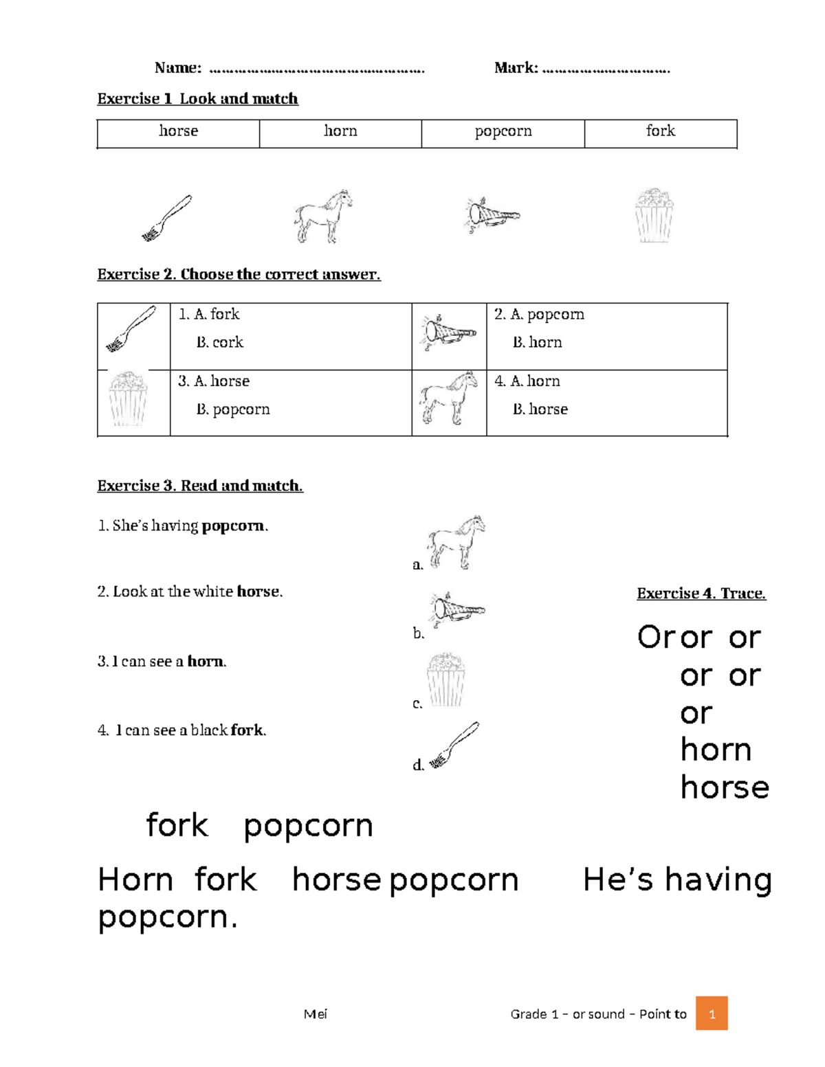 Unit 14 - Grade 1 - 'Or' Sound Exercises and Activities - Studocu