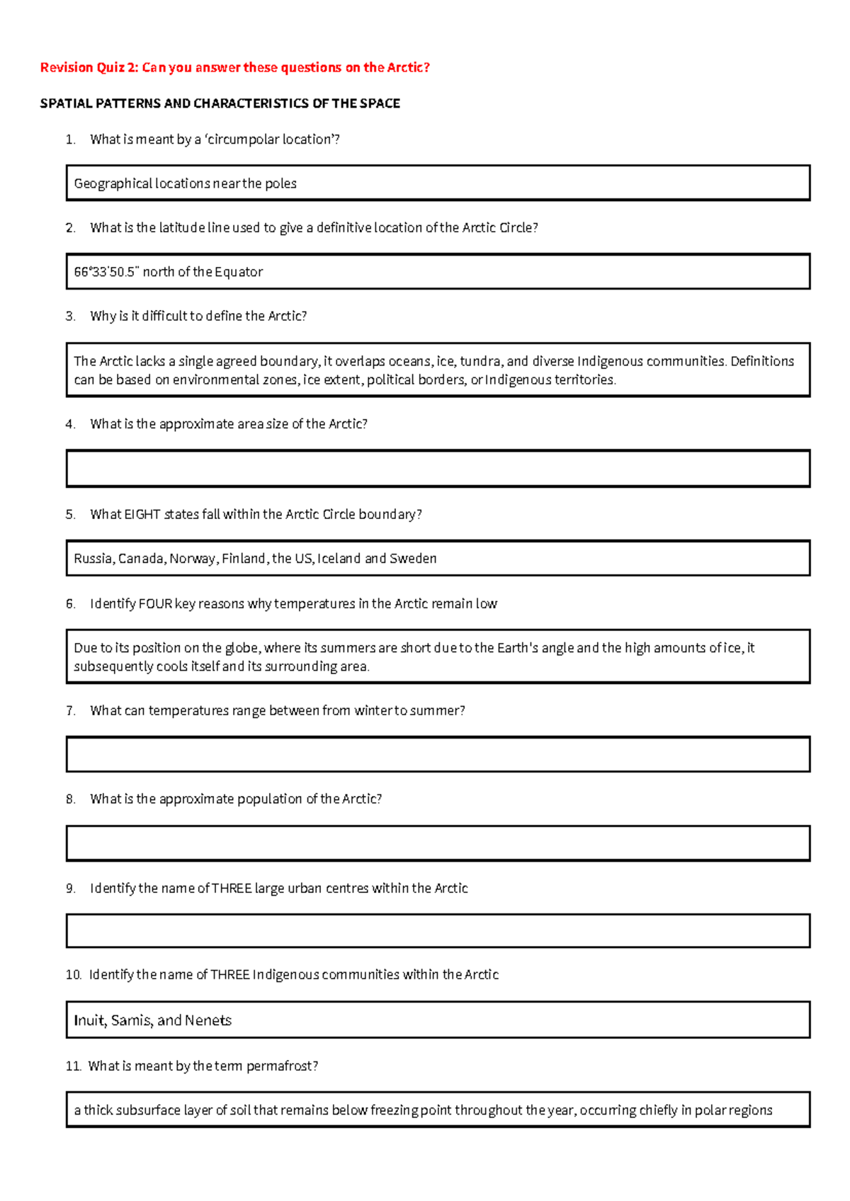 Revision Quiz 2: Arctic Geography and Environmental Insights - Studocu