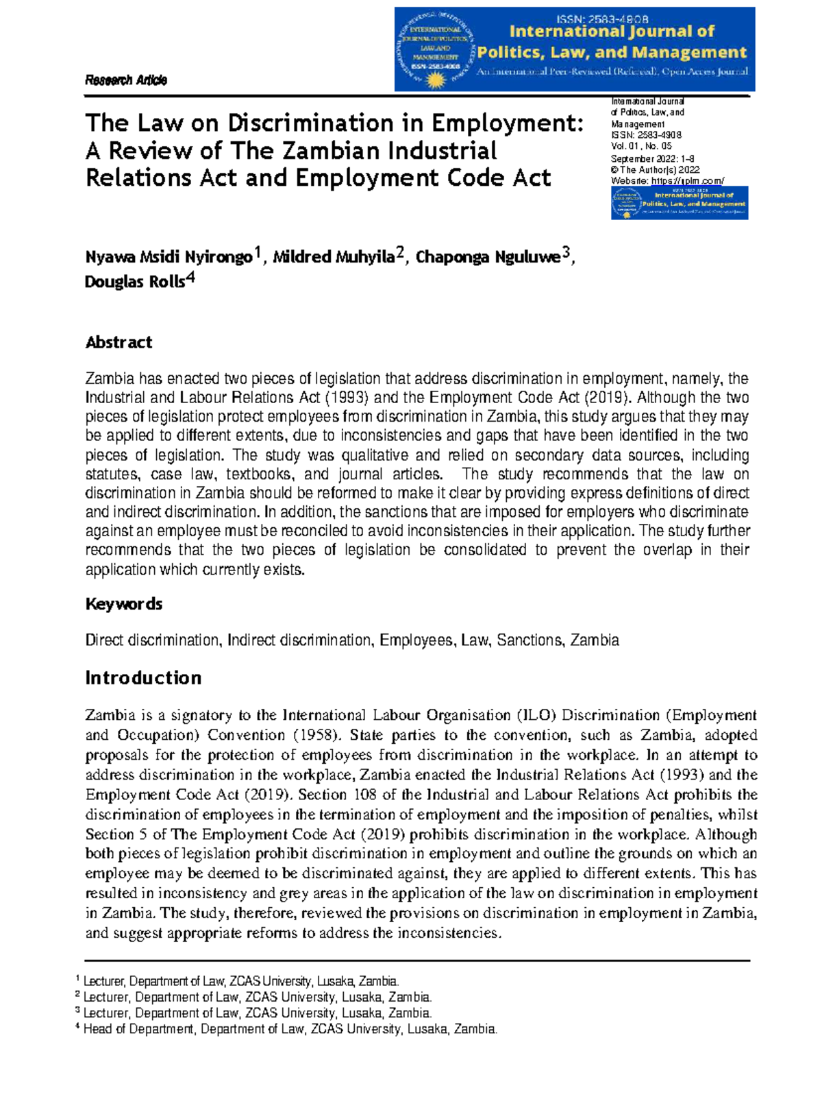 ZAC 302: Discrimination in Employment Law - Analyzing Zambian Acts ...