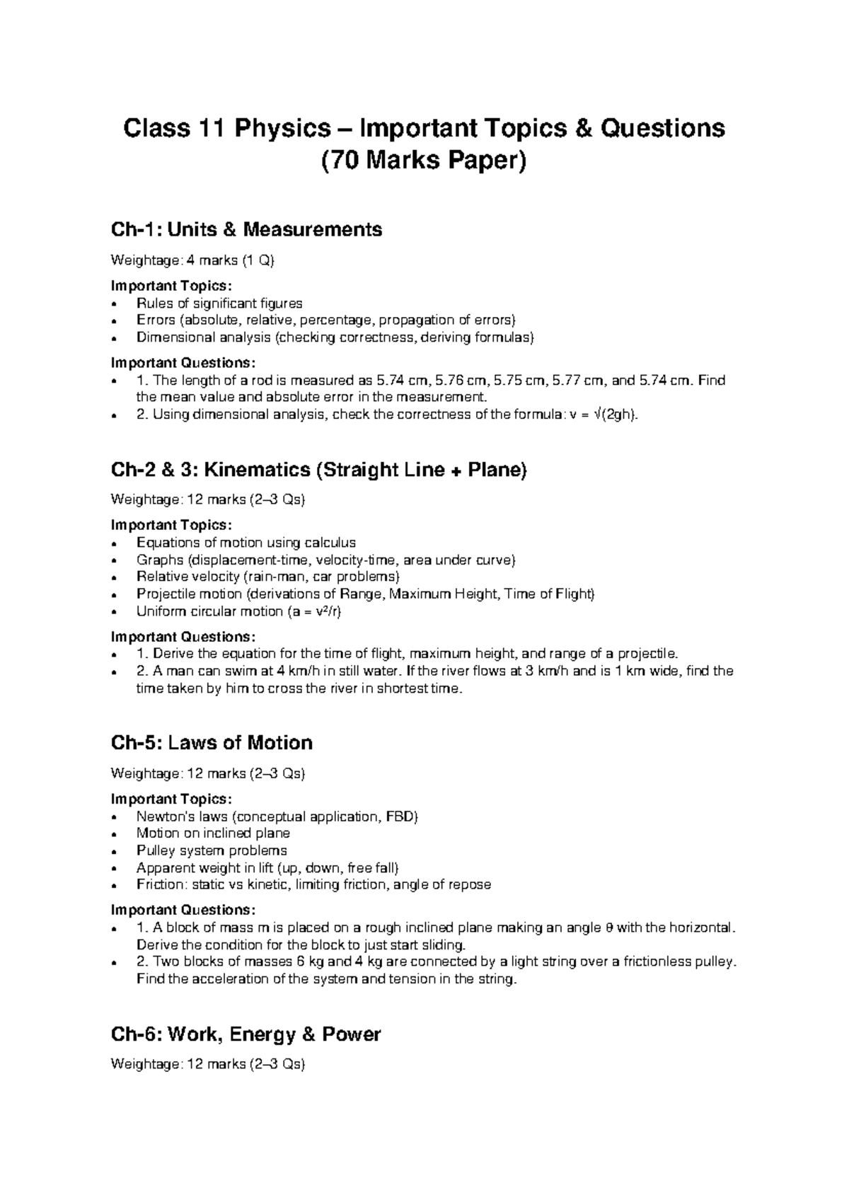 Class 11 Physics Important Topics & Questions (70 Marks Paper) - Studocu