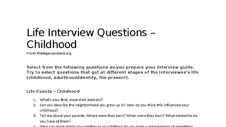 Life Interview Questions: Childhood and Adulthood Insights - Studocu