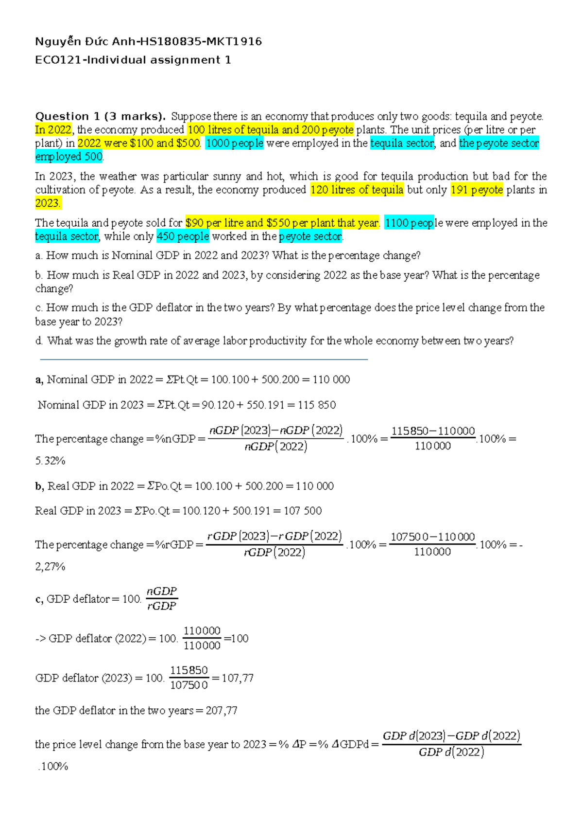 ECO121 Individual Assignment 1: GDP Analysis & Price Level Changes ...