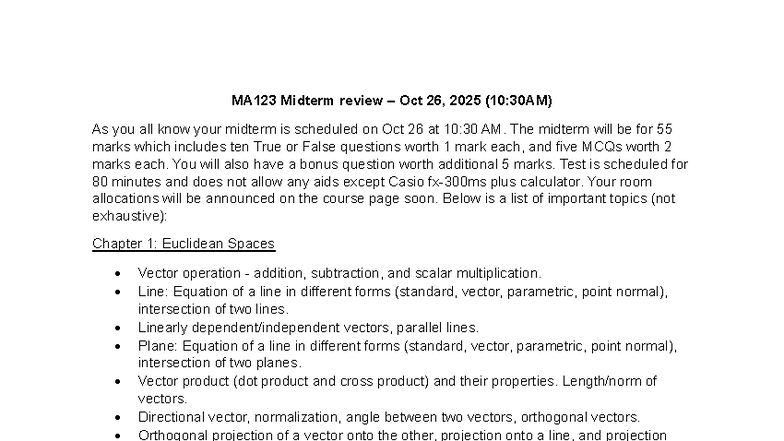 MA123 Midterm Review - Key Topics & Format for Oct 26, 2025 - Studocu