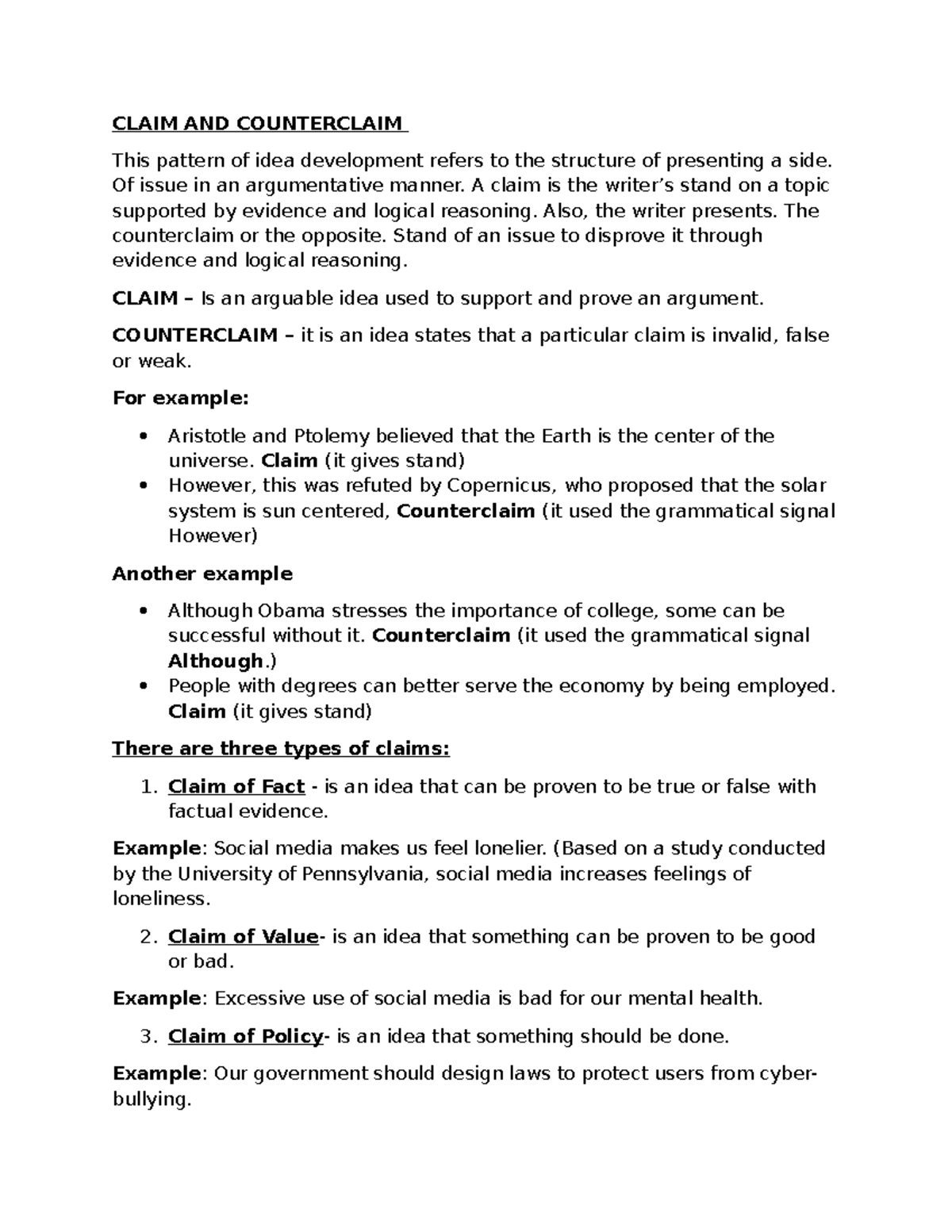 Claim AND Counterclaim Pattern OF IDEA Development - CLAIM AND ...