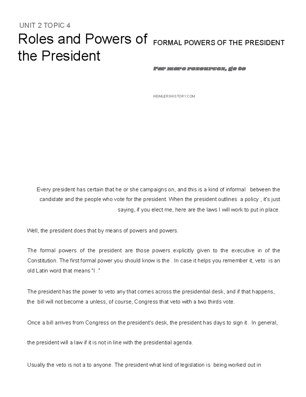 AP Gov Unit 2 Topic 4 Note guides - UNIT 2 TOPIC 4 Roles and Powers of ...