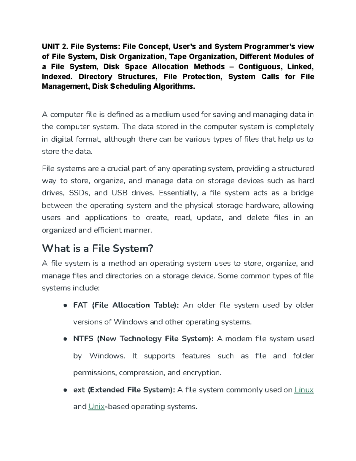UNIT 2: File Systems Overview - Concepts, Structures, and Management ...