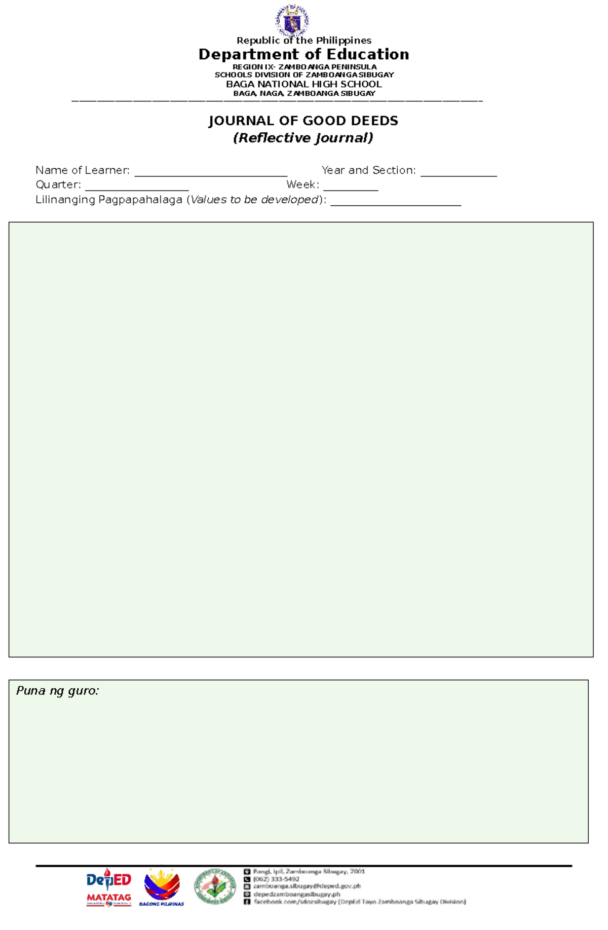 Journal OF GOOD Deeds - Puna ng guro: Republic of the Philippines Department of Education REGION ...