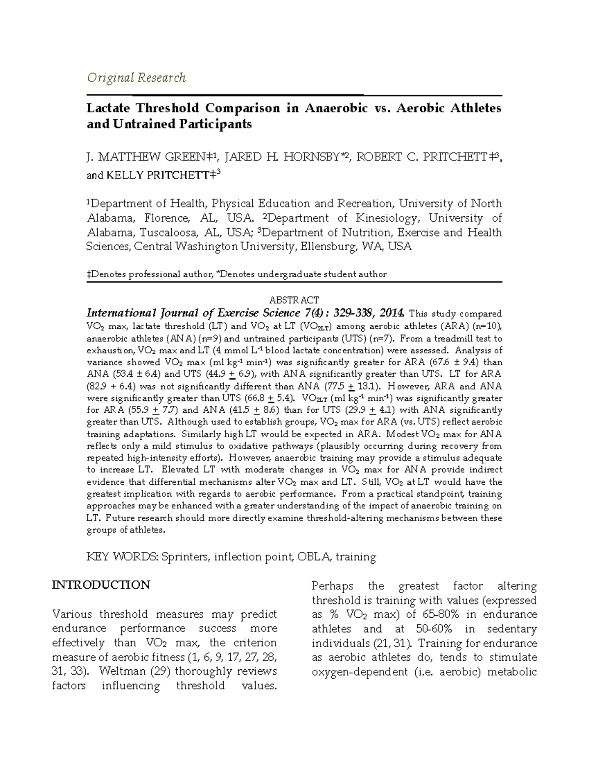 Lactate Threshold Comparison: Anaerobic vs. Aerobic Athletes (UJHP 7(4 ...