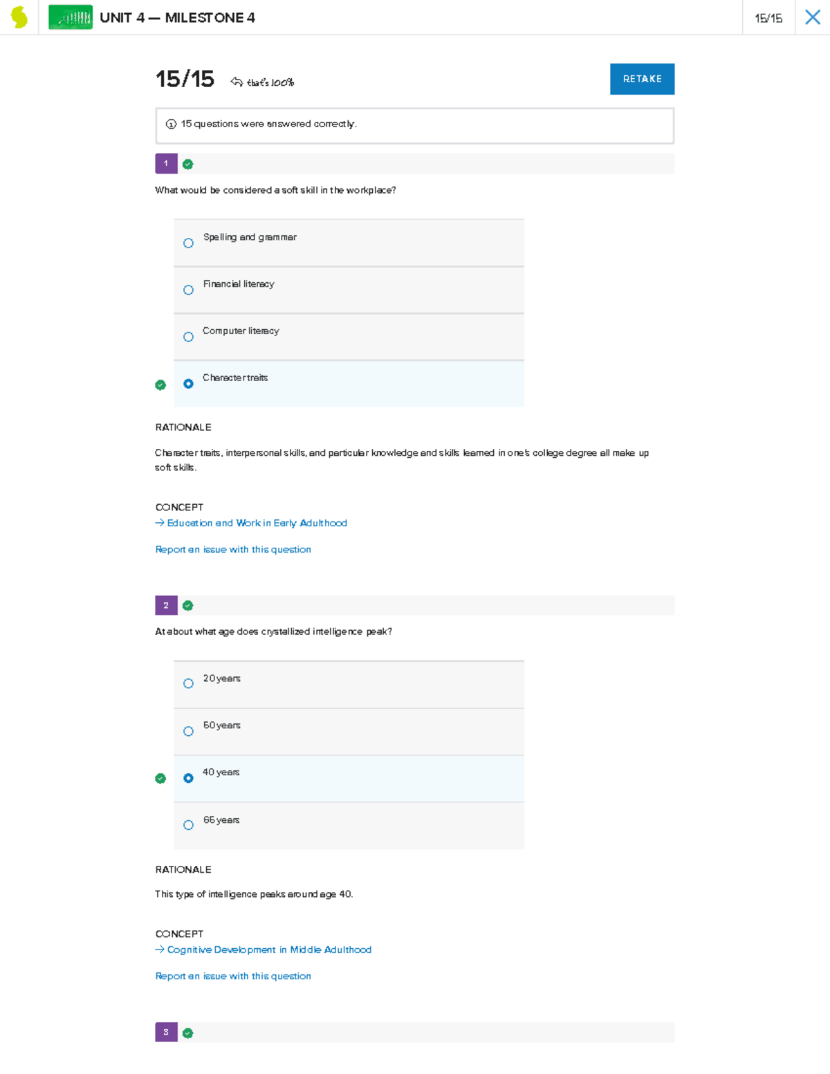 Lifespan Development UNIT 4 MILESTONE 4 Retake Questions and Answers ...