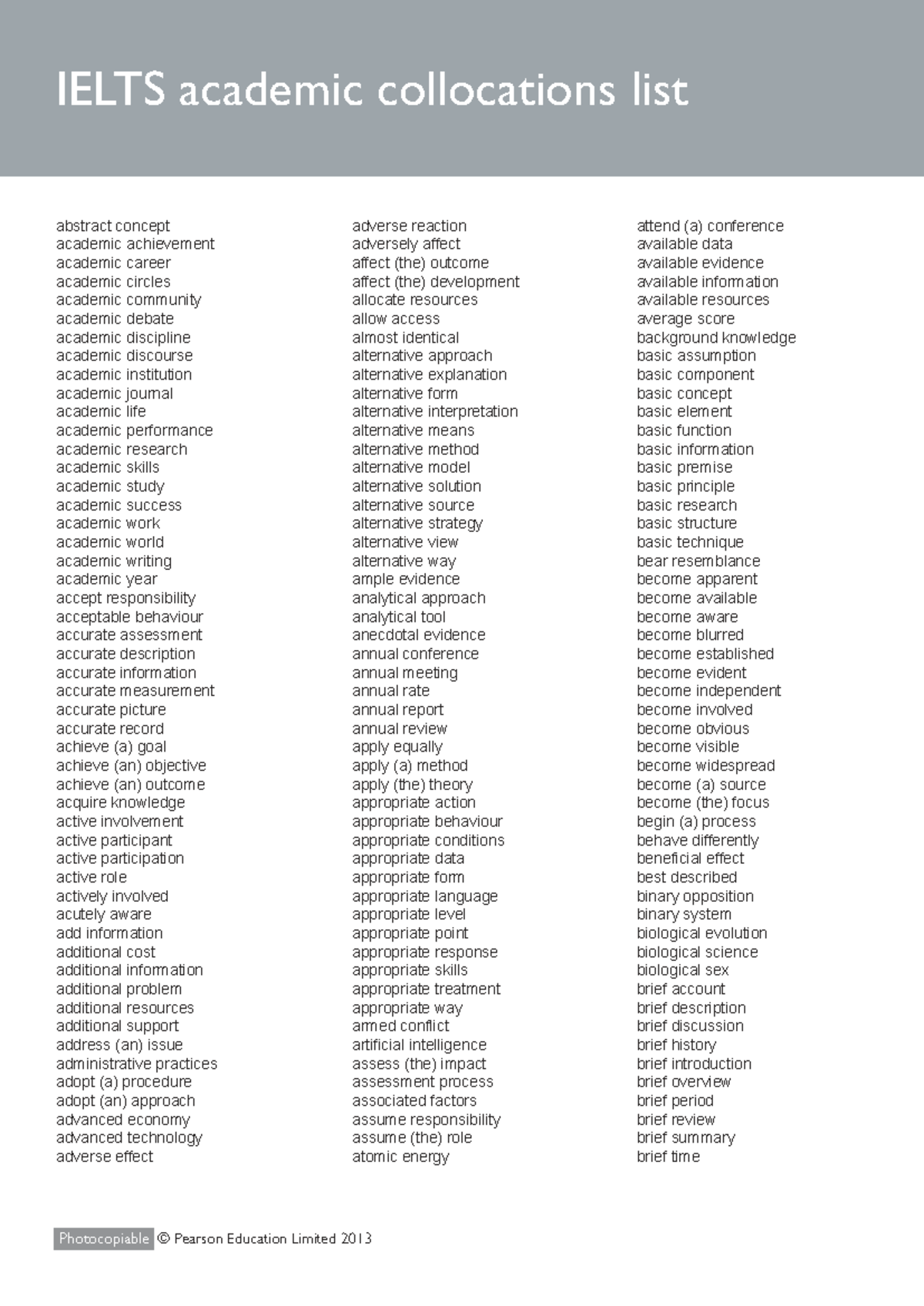 IELTS Academic Collocations List: Key Terms and Concepts - Studocu