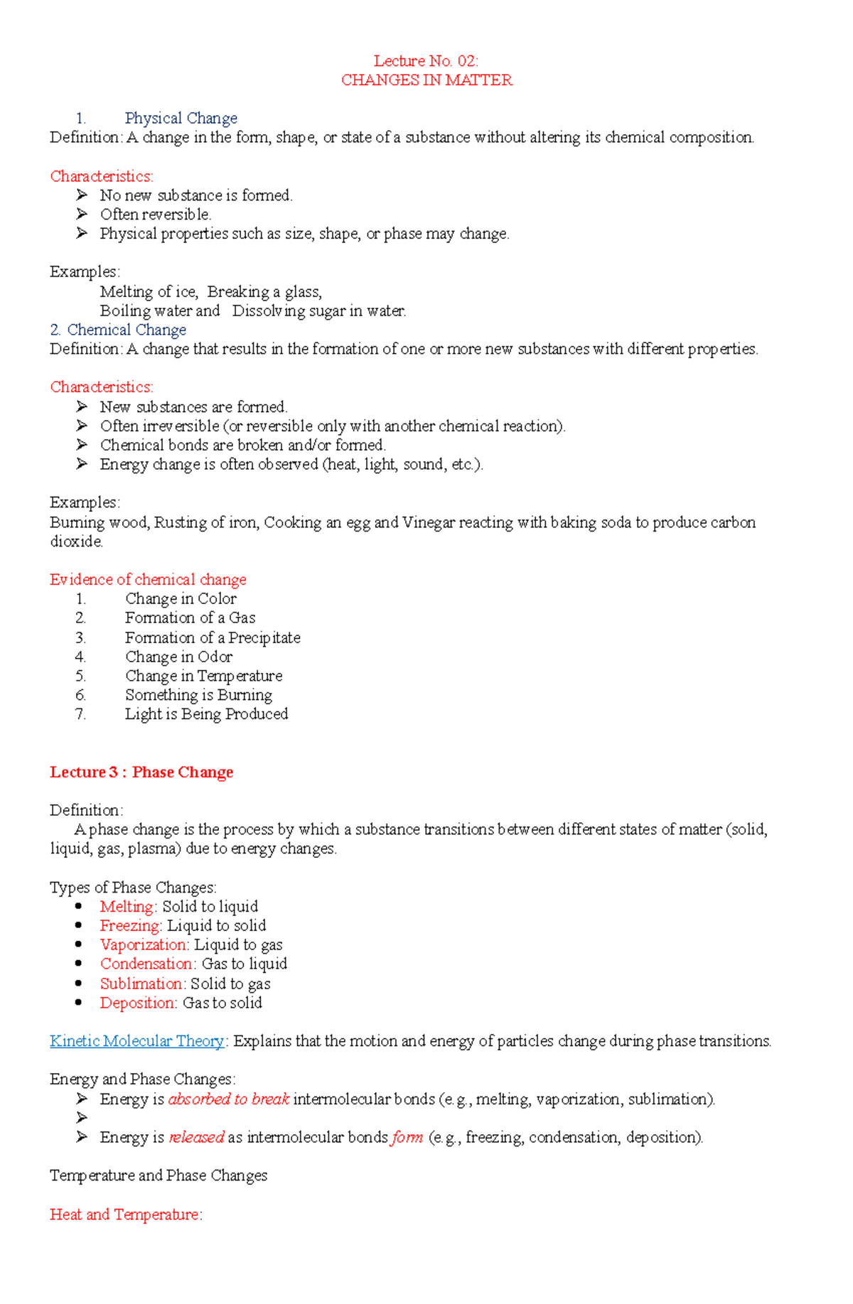 Lecture 2 changes in mater - Lecture No. 02: CHANGES IN MATTER Physical Change Definition: A ...