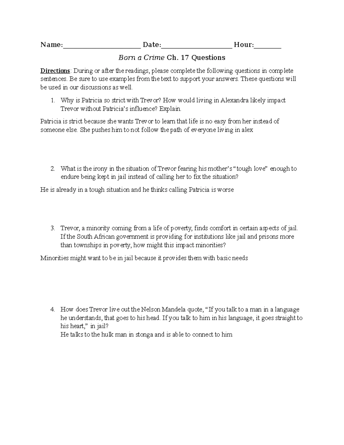 Born a Crime Ch. 1 Discussion Questions and Insights - Studocu