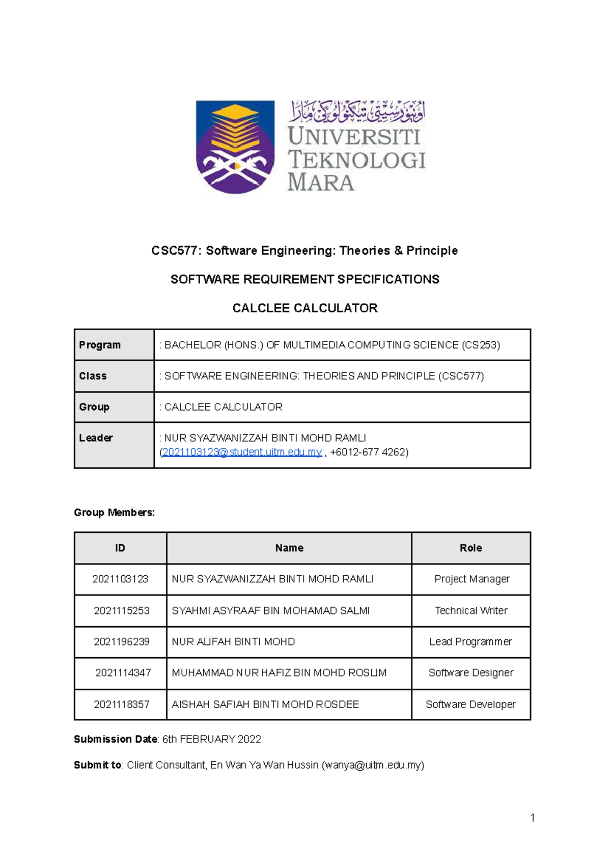 CS577 Software Requirement Specifications for CALCLEE Calculator Project - Studocu