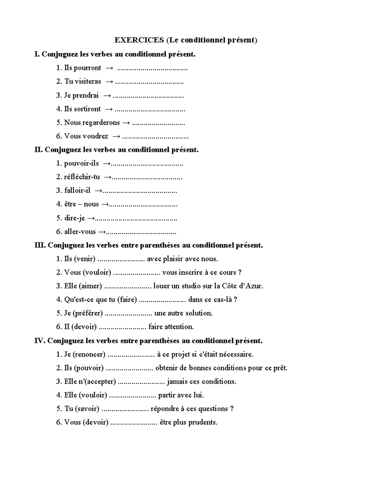 Exercices de Conjugaison: Le Conditionnel Présent - Studocu