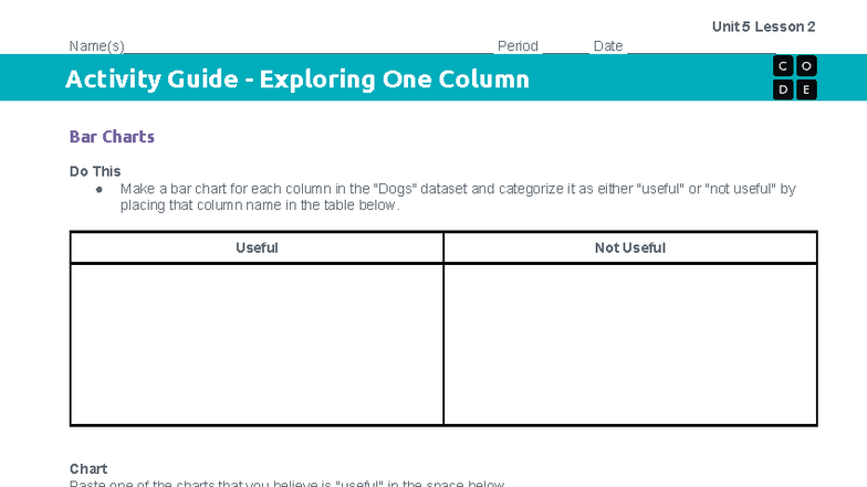 Unit 5 Lesson 2 Activity Guide: Exploring One Column Bar Charts - Studocu